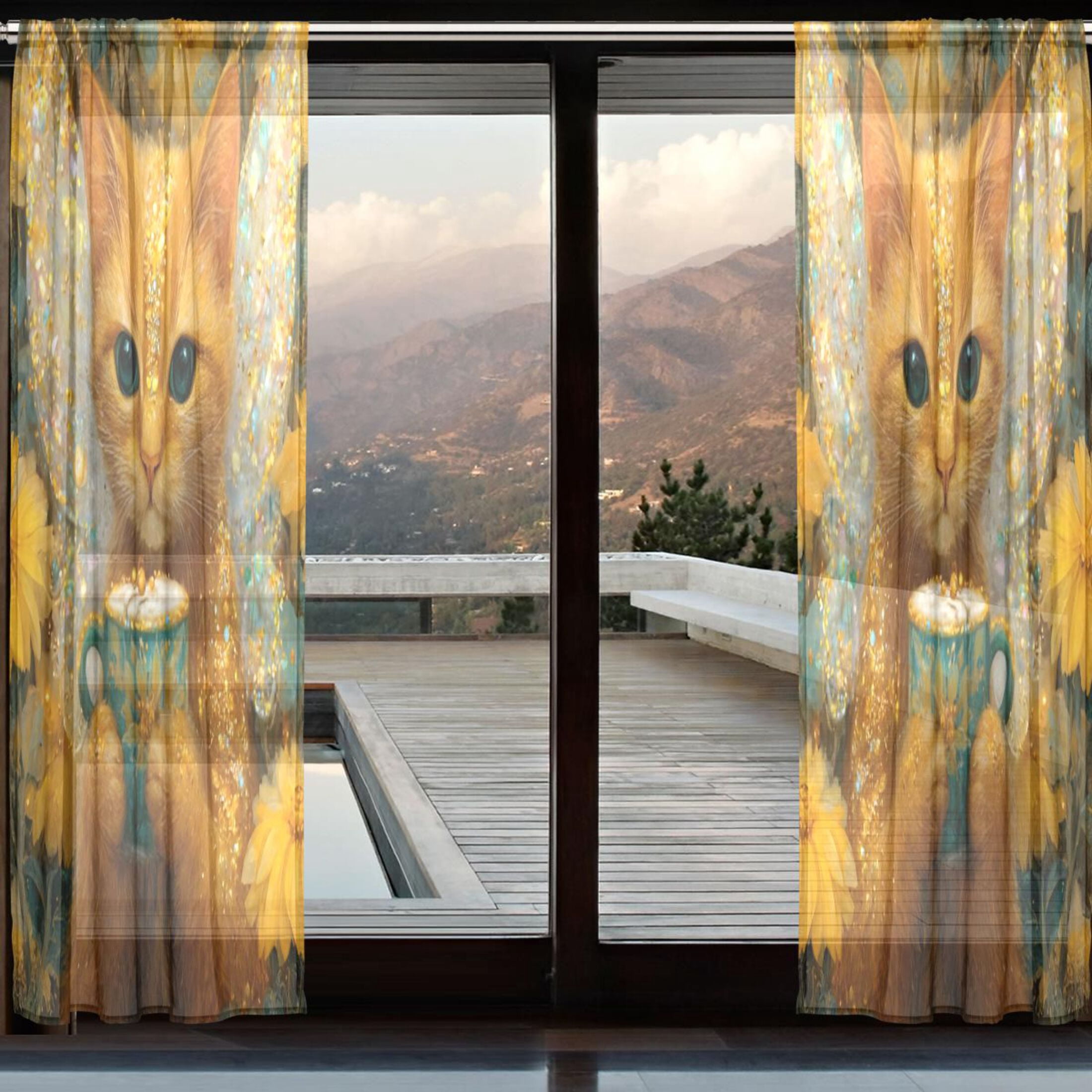 BZSMCE Window Curtain Panels Set Of 2 In Sunny Tea Cat Printed ...