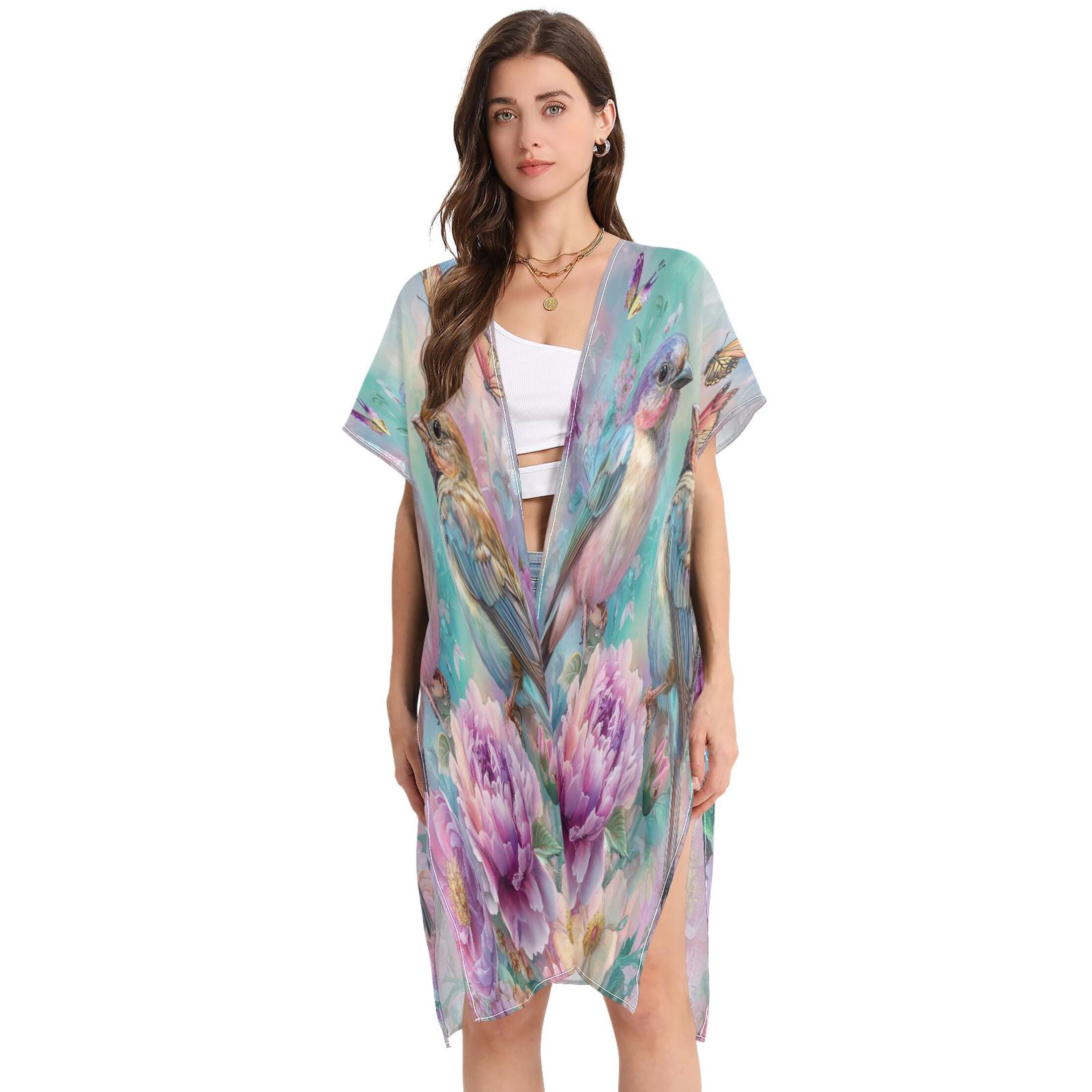 BZSMCE Women Creatively Colorful Birds and Flowers Print Beach Cover ...