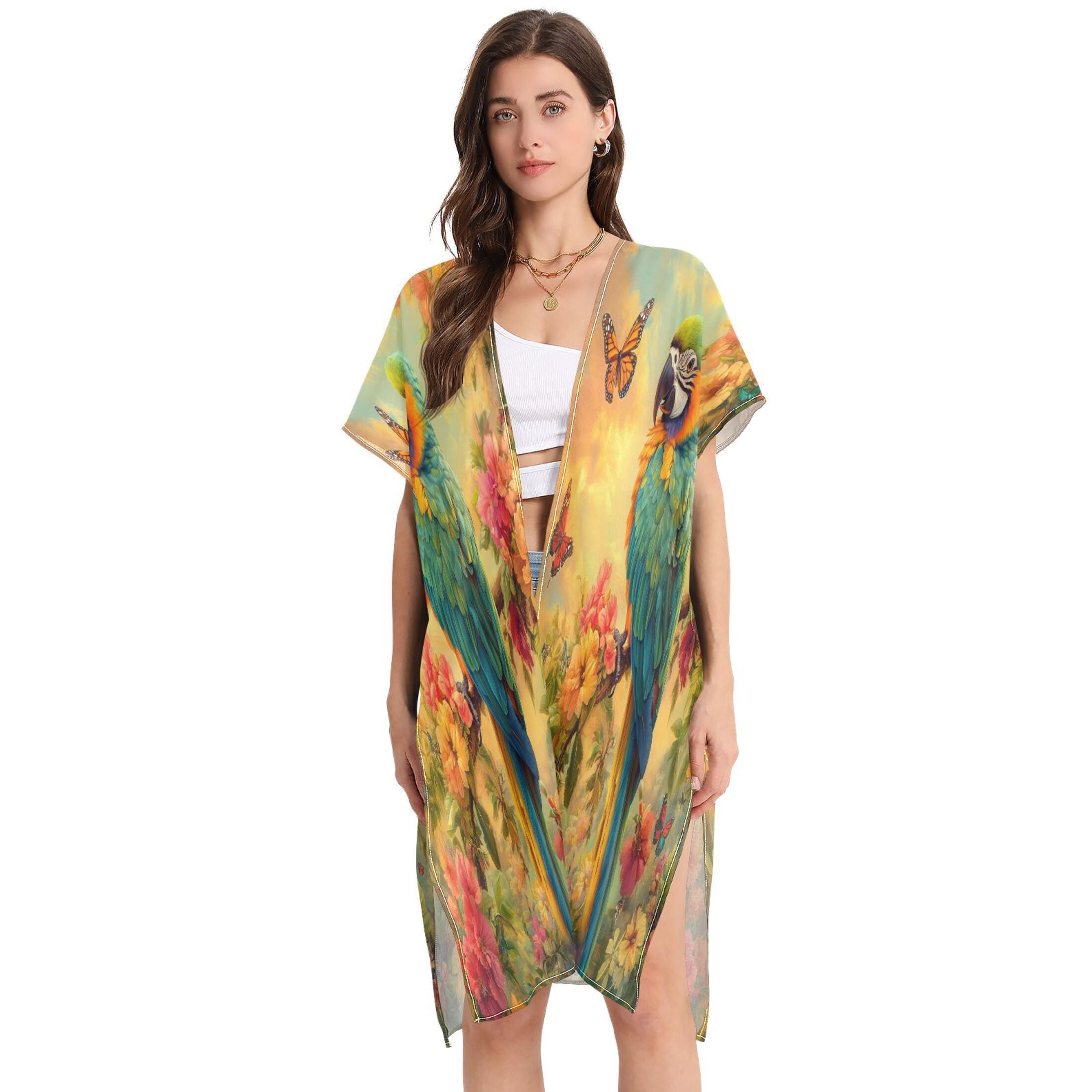 BZSMCE Women Creatively Parrot with Butterflies Print Beach Cover-ups ...