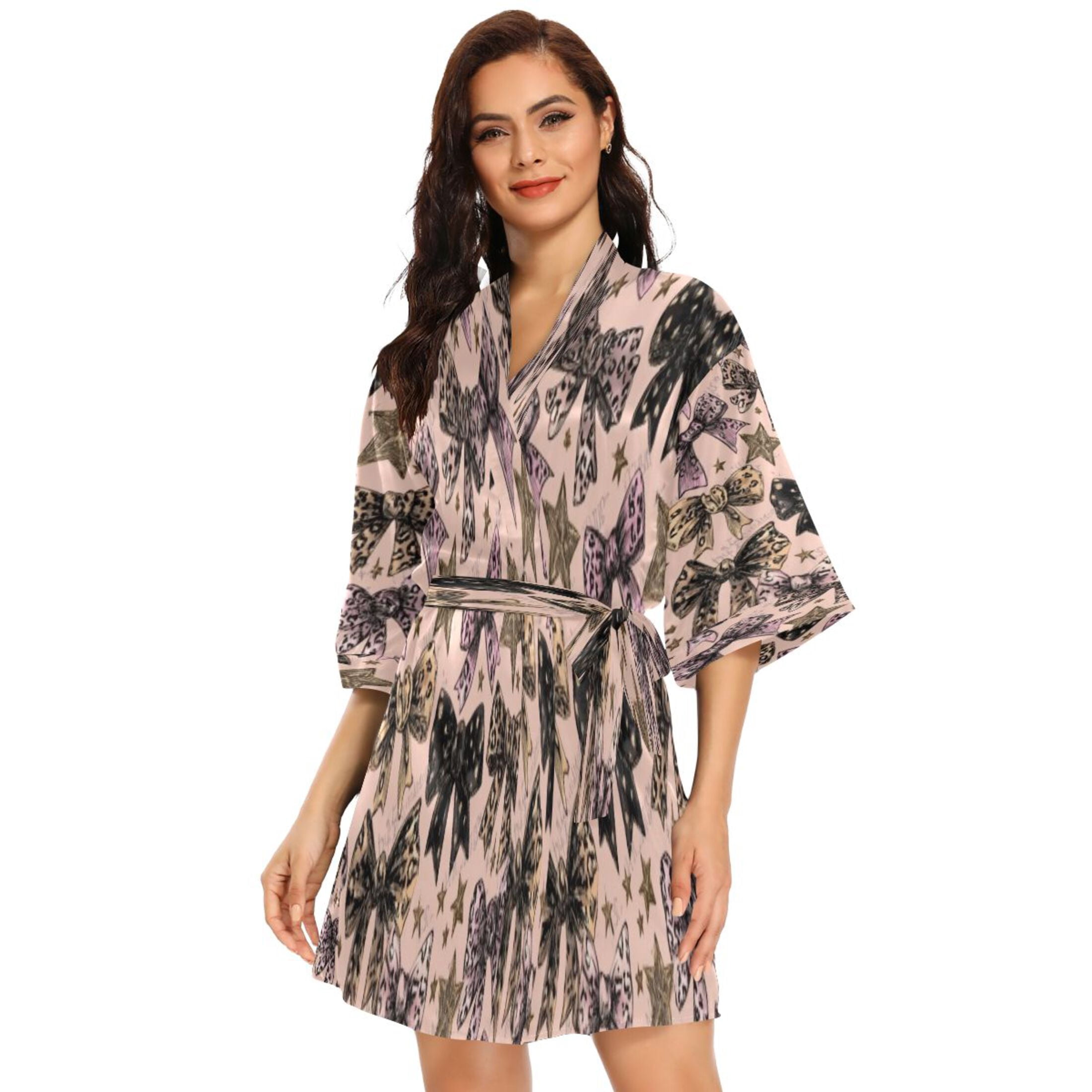 BZSMCE Women Satin Pajamas Casual Robe-Gilded Bow Leopard Star Design ...