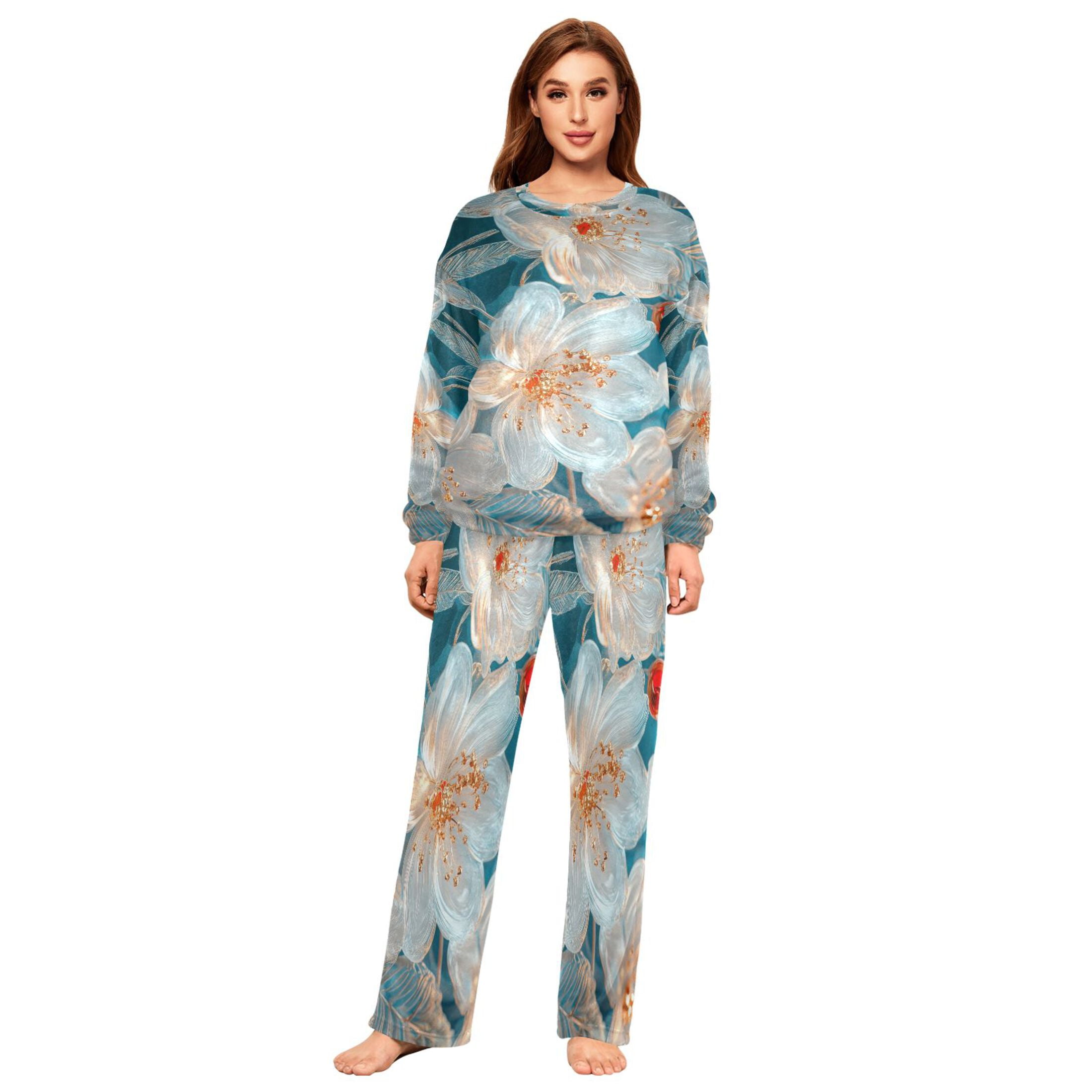 BZSMCE Women Slim Pajamas Loose Style Female Fashion Decorative Flowers ...