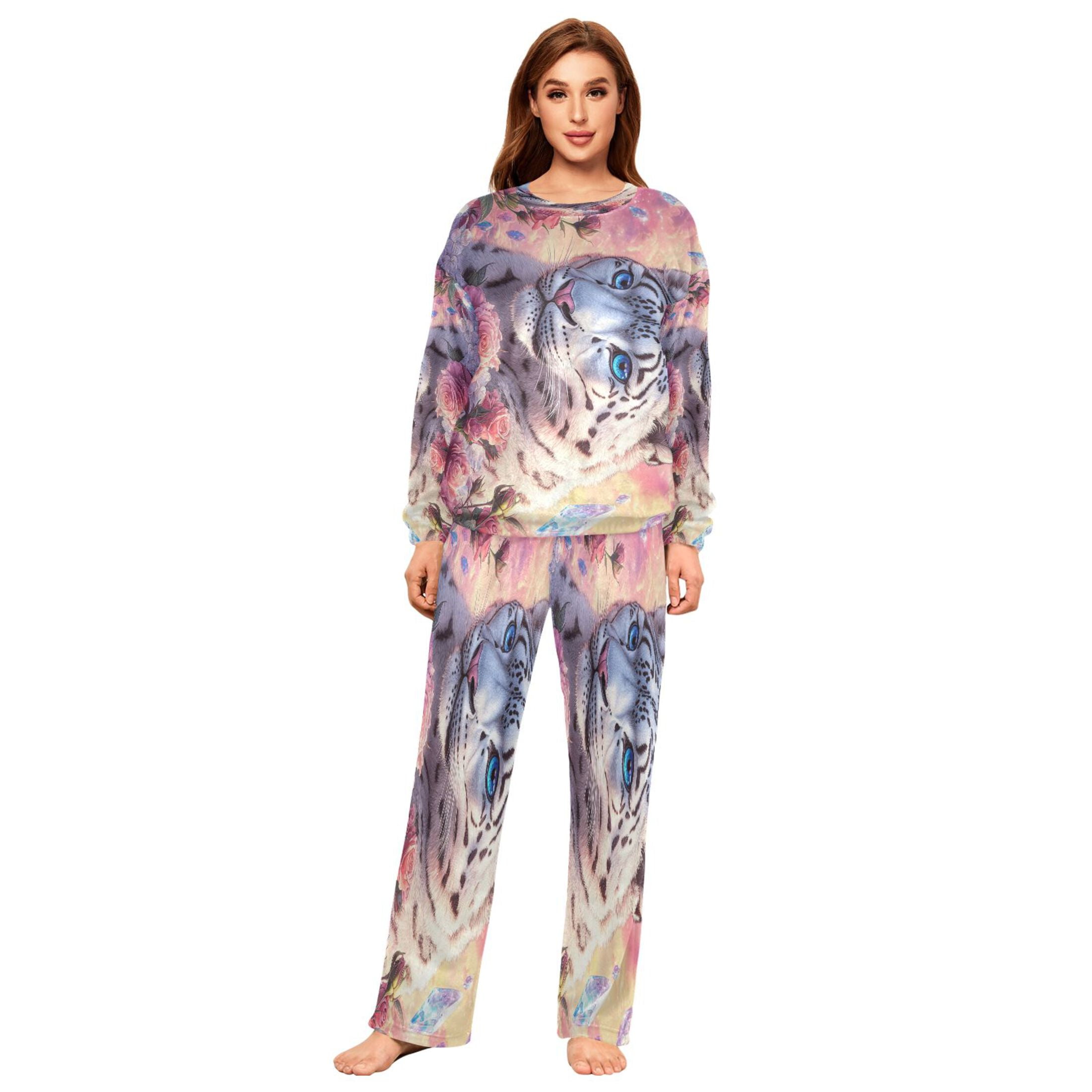 BZSMCE Women Slim Pajamas Loose Style Female Fashion Snow Leopard Roses ...