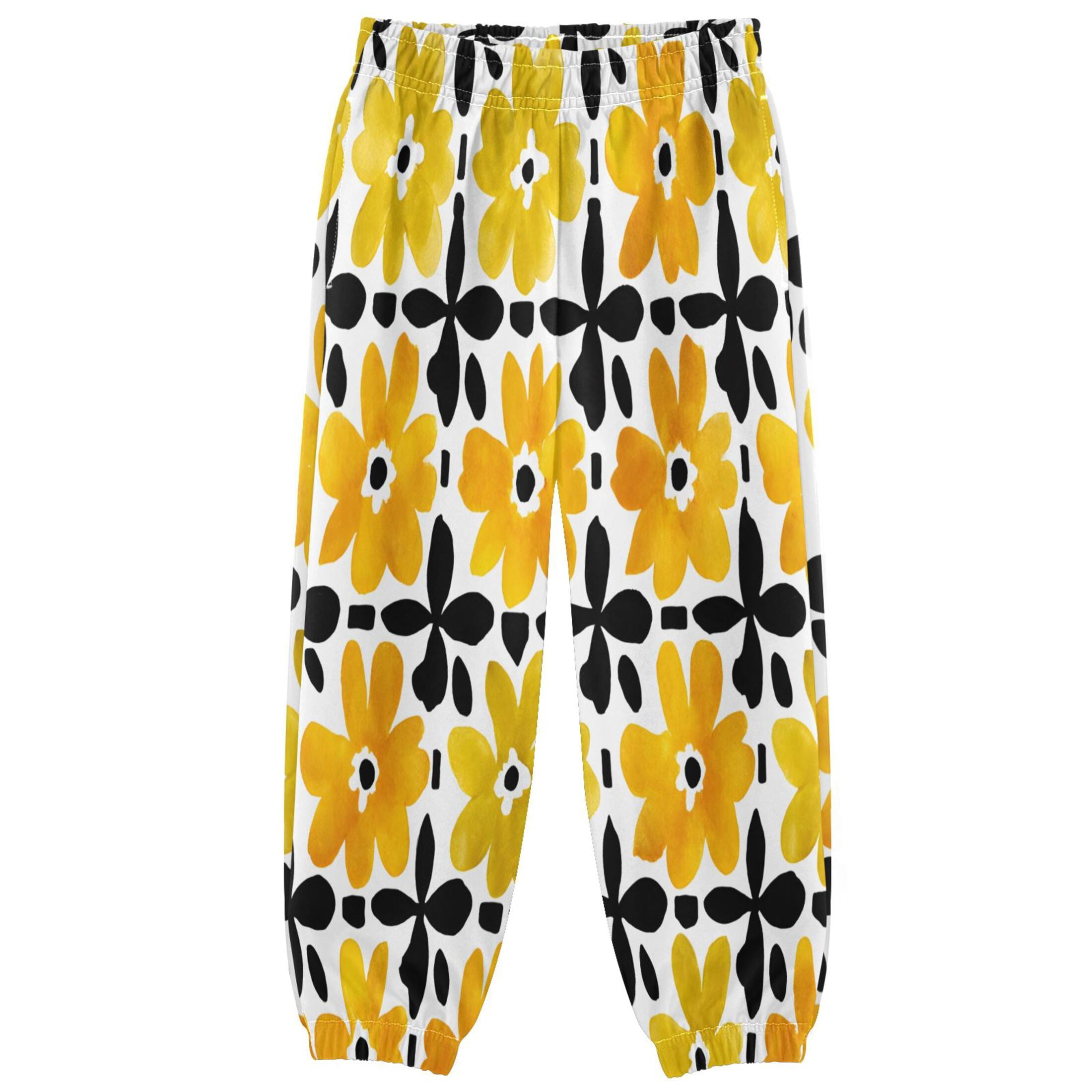 BZSMCE Yellow Flower Pattern Print Elastic Waist Jogger Pants ...