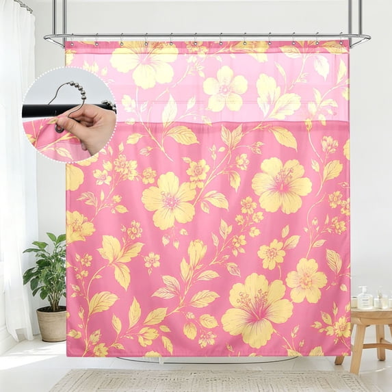 BZSMCE Yellow Hibiscus Pattern Bathroom Shower Curtain Set with Hooks ...