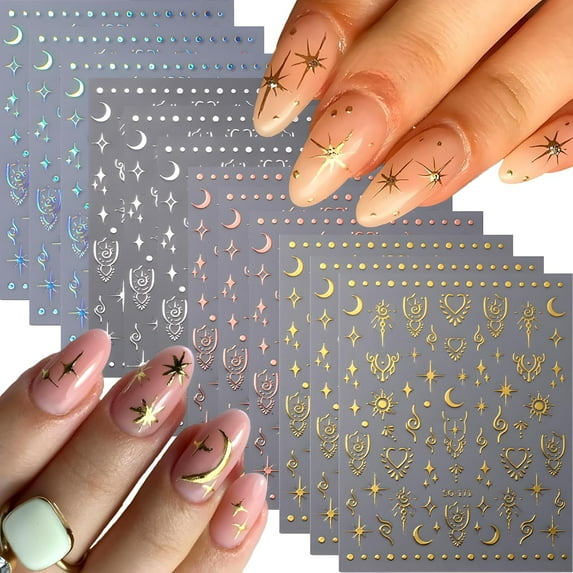 BZUEPRS 12 Sheets Star Nail Stickers for Nail Art 3D Self-Adhesive Nail ...