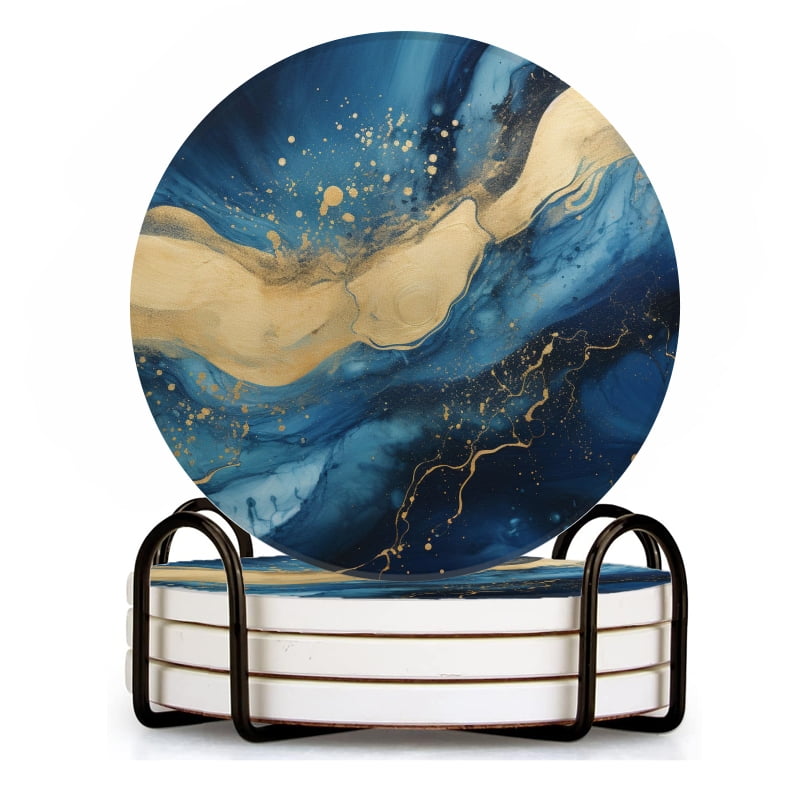 BaHomeck Drink Coasters Set of 4 with Holder Abstract blue and gold ...