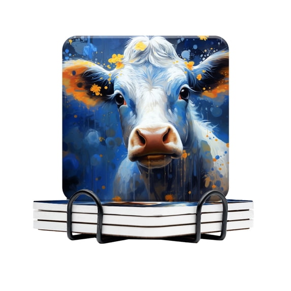 BaHomeck Drink Coasters Set Of 4 With Holder Cute White And Blue Cow ...