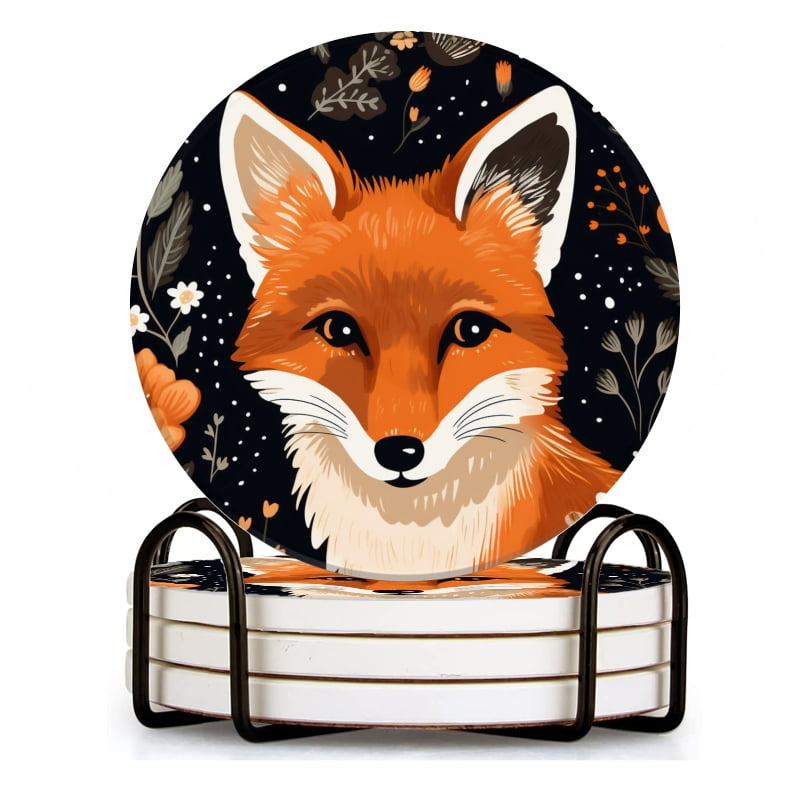 BaHomeck Drink Coasters Set of 4 with Holder Cute fox in the middle of ...