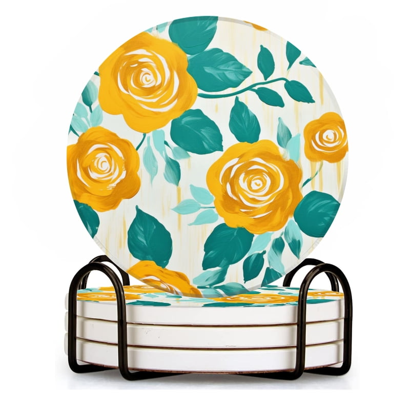 BaHomeck Drink Coasters Set of 4 with Holder Roses in vintage floral ...