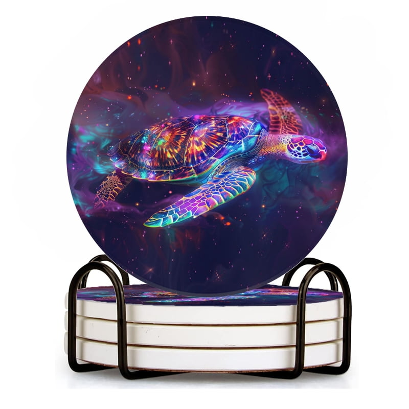 BaHomeck Drink Coasters Set of 4 with Holder Turtle in space glowing ...