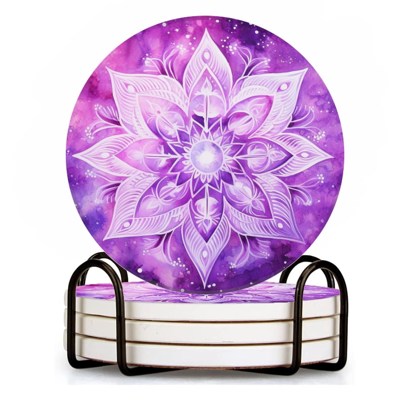 BaHomeck Drink Coasters Set of 4 with Holder Watercolor purple mandala ...
