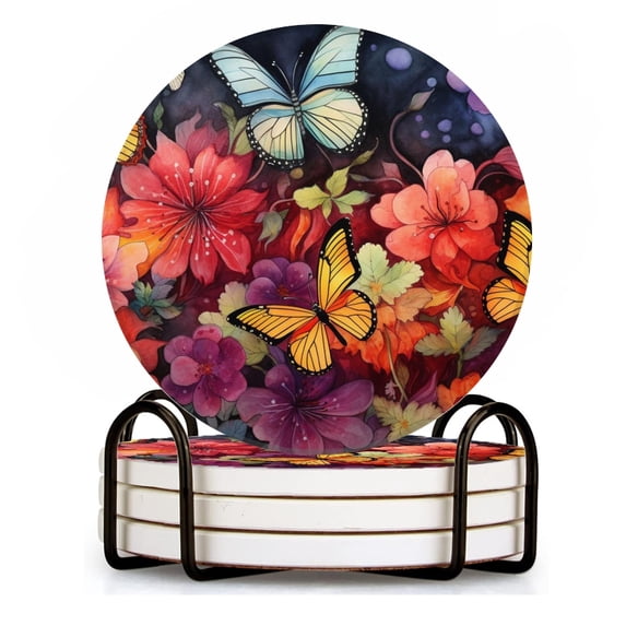 BaHomeck Drink Coasters Set of 4 with Holder Wild Flower and Butterfly ...