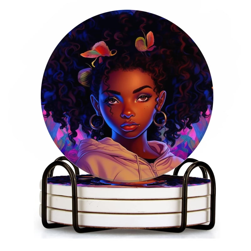 BaHomeck Drink Coasters Set of 4 with Holder beautiful African American ...