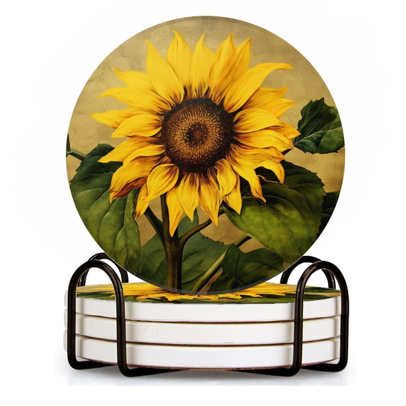 BaHomeck Drink Coasters Set of 4 with Holder beautiful sunflower with ...