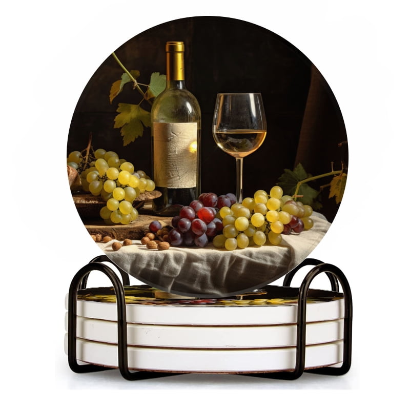 BaHomeck Drink Coasters Set of 4 with Holder bottle of white wine with ...