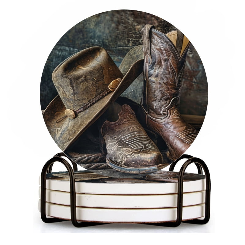 BaHomeck Drink Coasters Set of 4 with Holder cowboy boots and hat ...