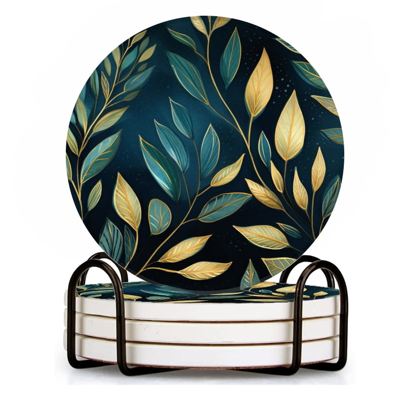 BaHomeck Drink Coasters Set of 4 with Holder golden and green leaves on ...