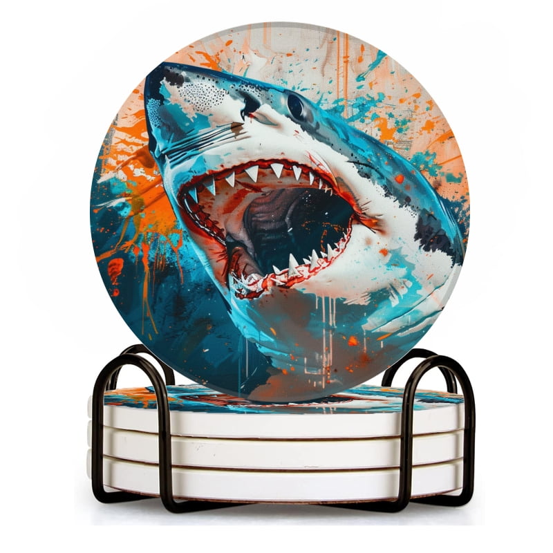 BaHomeck Drink Coasters Set of 4 with Holder great white shark with ...
