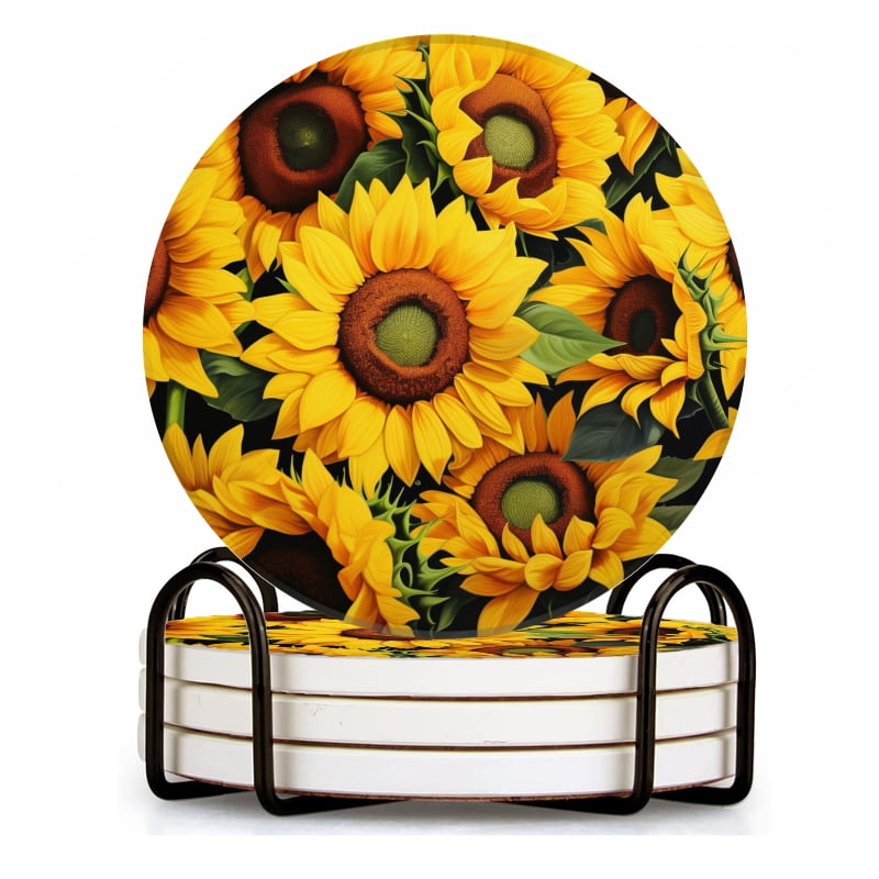 BaHomeck Drink Coasters Set of 4 with Holder sunflowers with petals in ...