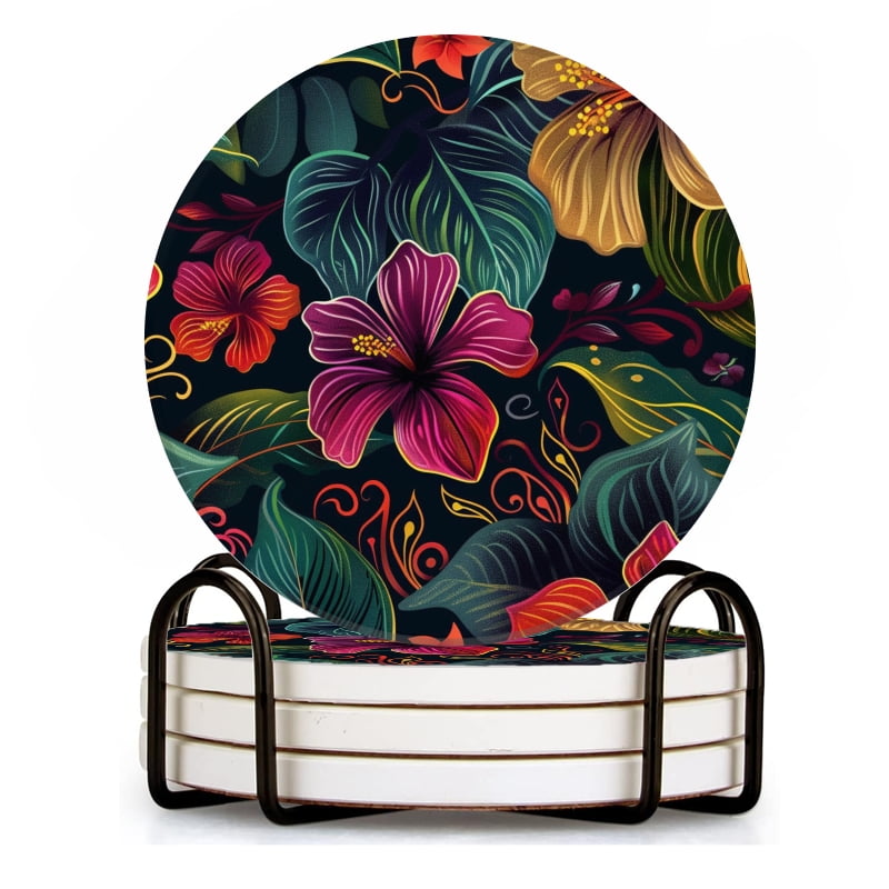 BaHomeck Drink Coasters Set of 4 with Holder tropical flower seamless ...
