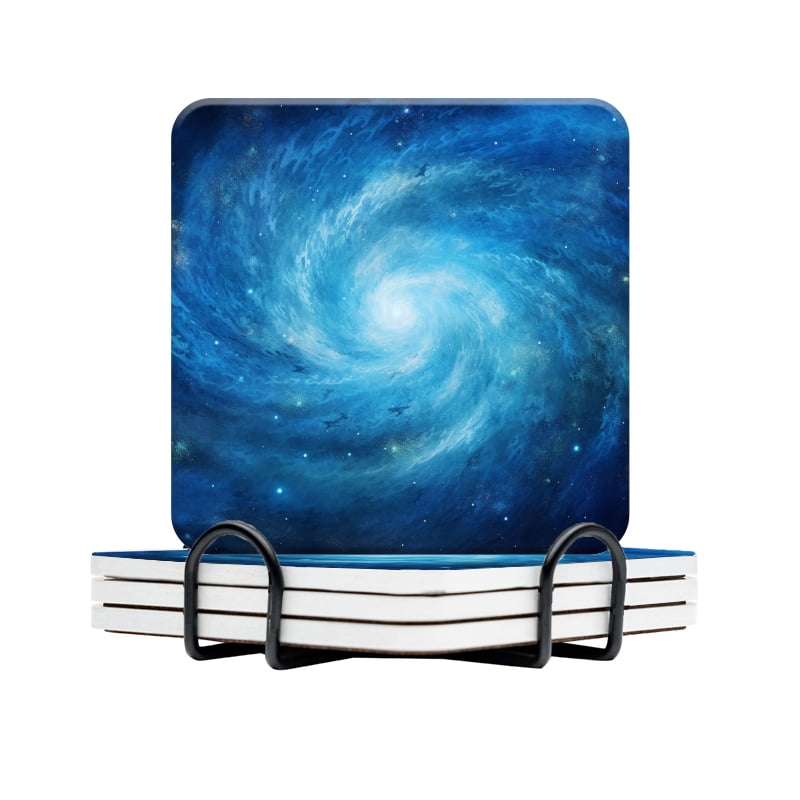 BaHomeck Drink Coasters Set Of 4 With Holder Abstract Blue Swirls And ...