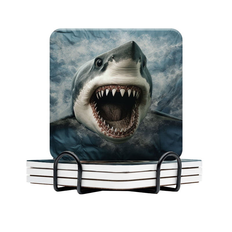 BaHomeck Drink Coasters Set Of 4 With Holder Angry Shark With Mouth ...