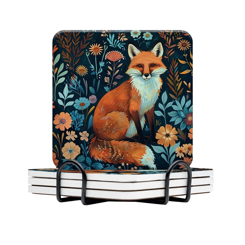 BaHomeck Drink Coasters Set Of 4 With Holder Cute Fox In The Center Of ...