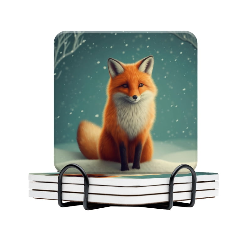BaHomeck Drink Coasters Set Of 4 With Holder Cute Fox Sitting In The ...