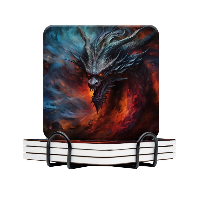BaHomeck Drink Coasters Set Of 4 With Holder Fierce Dragon With Scales ...