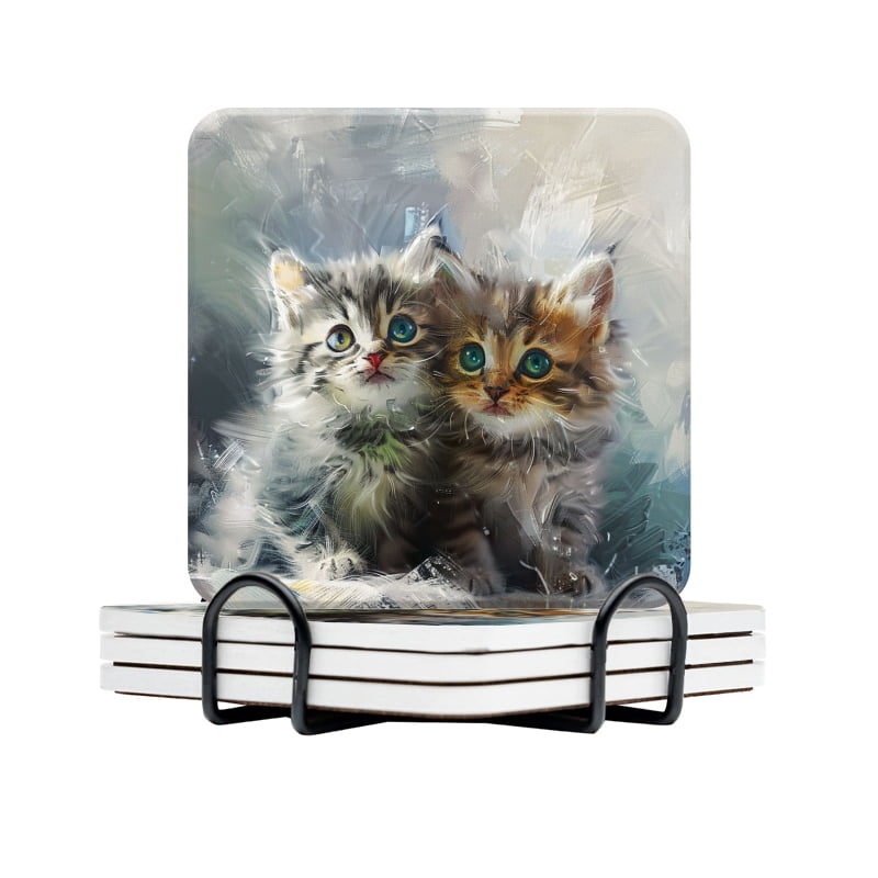 BaHomeck Drink Coasters Set Of 4 With Holder Fluffy Kittens With Big ...