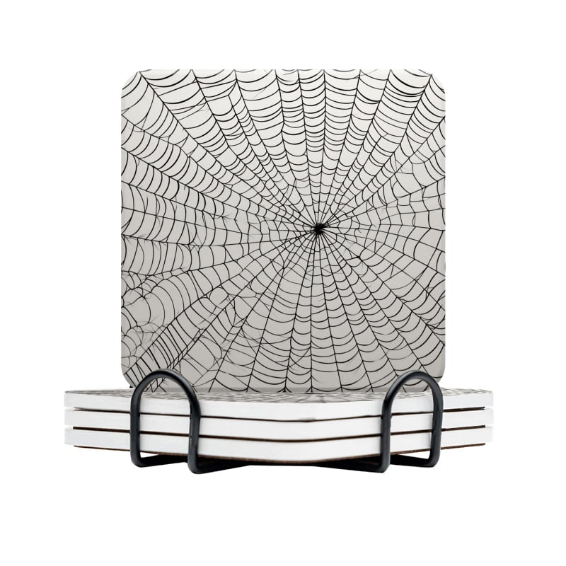 BaHomeck Drink Coasters Set Of 4 With Holder Intricate Spider Web With ...