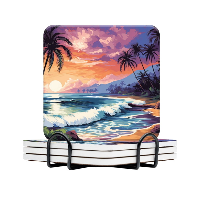 BaHomeck Drink Coasters Set Of 4 With Holder Sunset Over The Palm Trees ...
