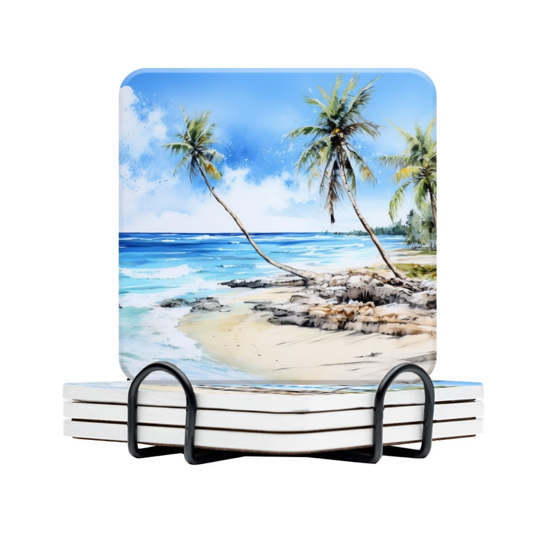 BaHomeck Drink Coasters Set Of 4 With Holder Watercolor Beach Scene ...
