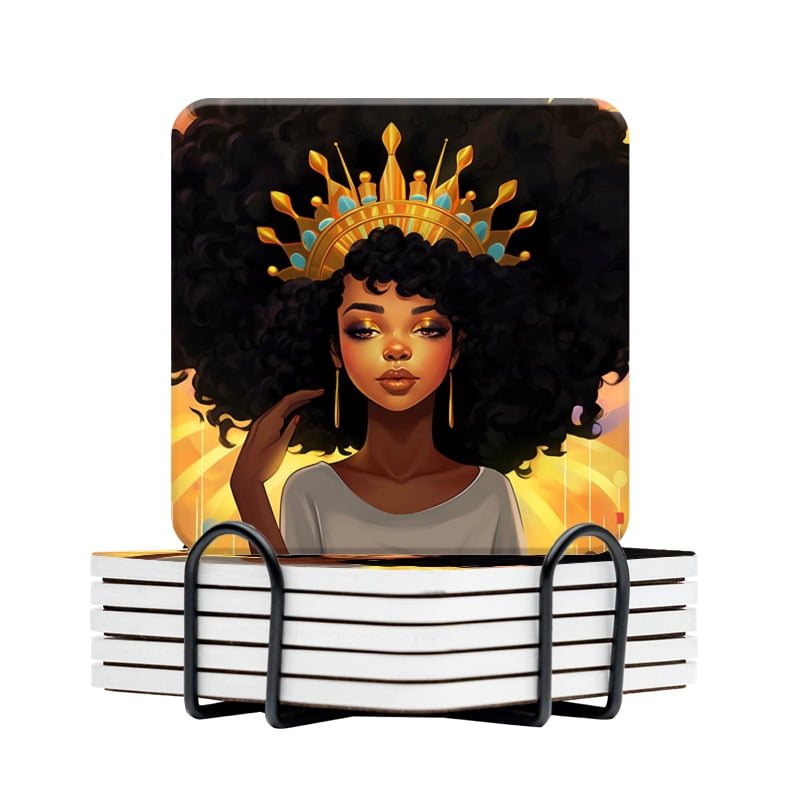 BaHomeck Drink Coasters Set Of 6 With Holder Beautiful Black Woman With ...