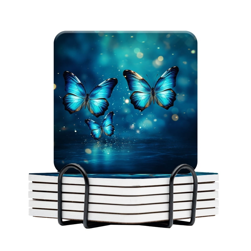 BaHomeck Drink Coasters Set Of 6 With Holder Beautiful Blue Butterflies ...