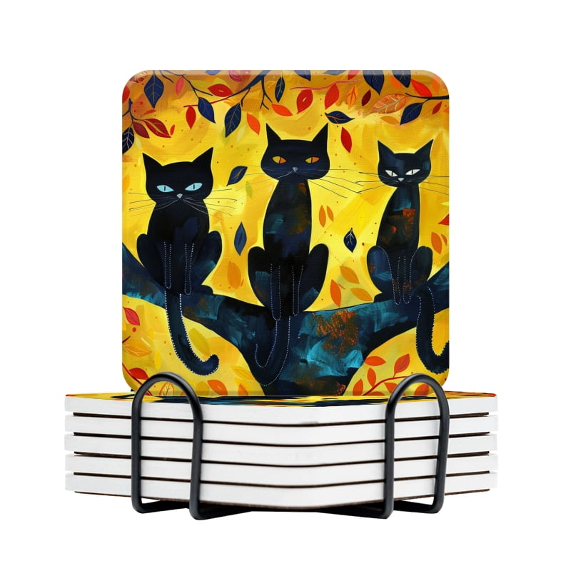 BaHomeck Drink Coasters Set Of 6 With Holder Black Cats Sitting On Tree ...