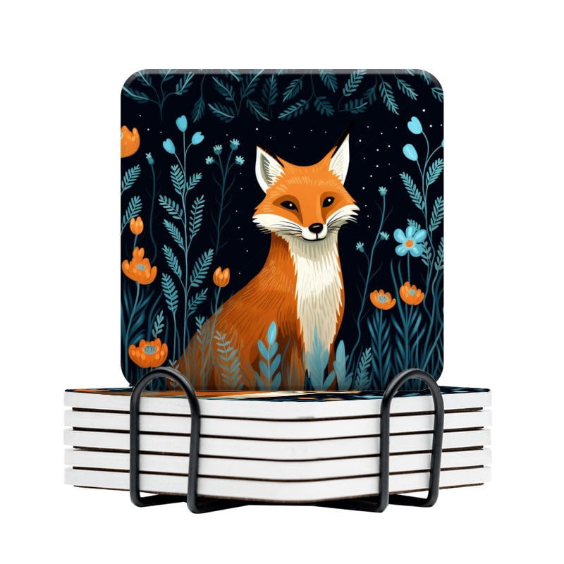 BaHomeck Drink Coasters Set Of 6 With Holder Cute Fox In The Night ...