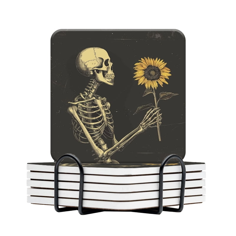 BaHomeck Drink Coasters Set Of 6 With Holder Skeleton Holding Sunflower ...