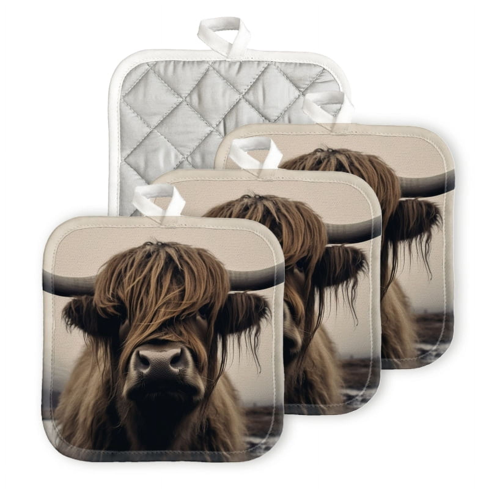 BaHomeck Heat Resistant Hot Pads 4 pack Highland Cow With Long Shaggy ...