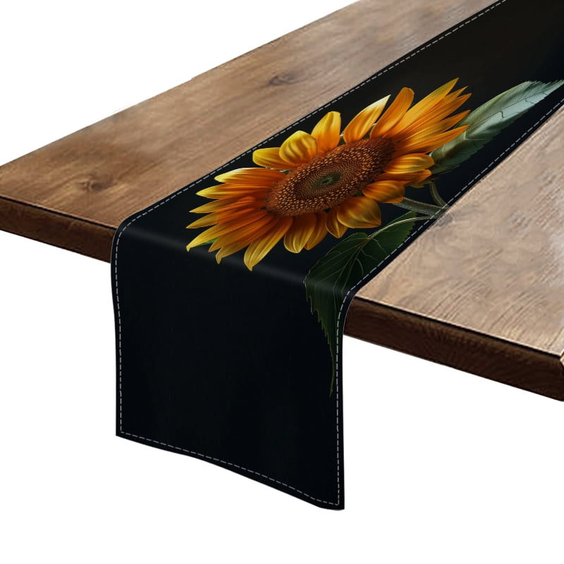 BaHomeck Table Runner 13*72 In,Set Of 1 Sunflower With Leaves On Black ...