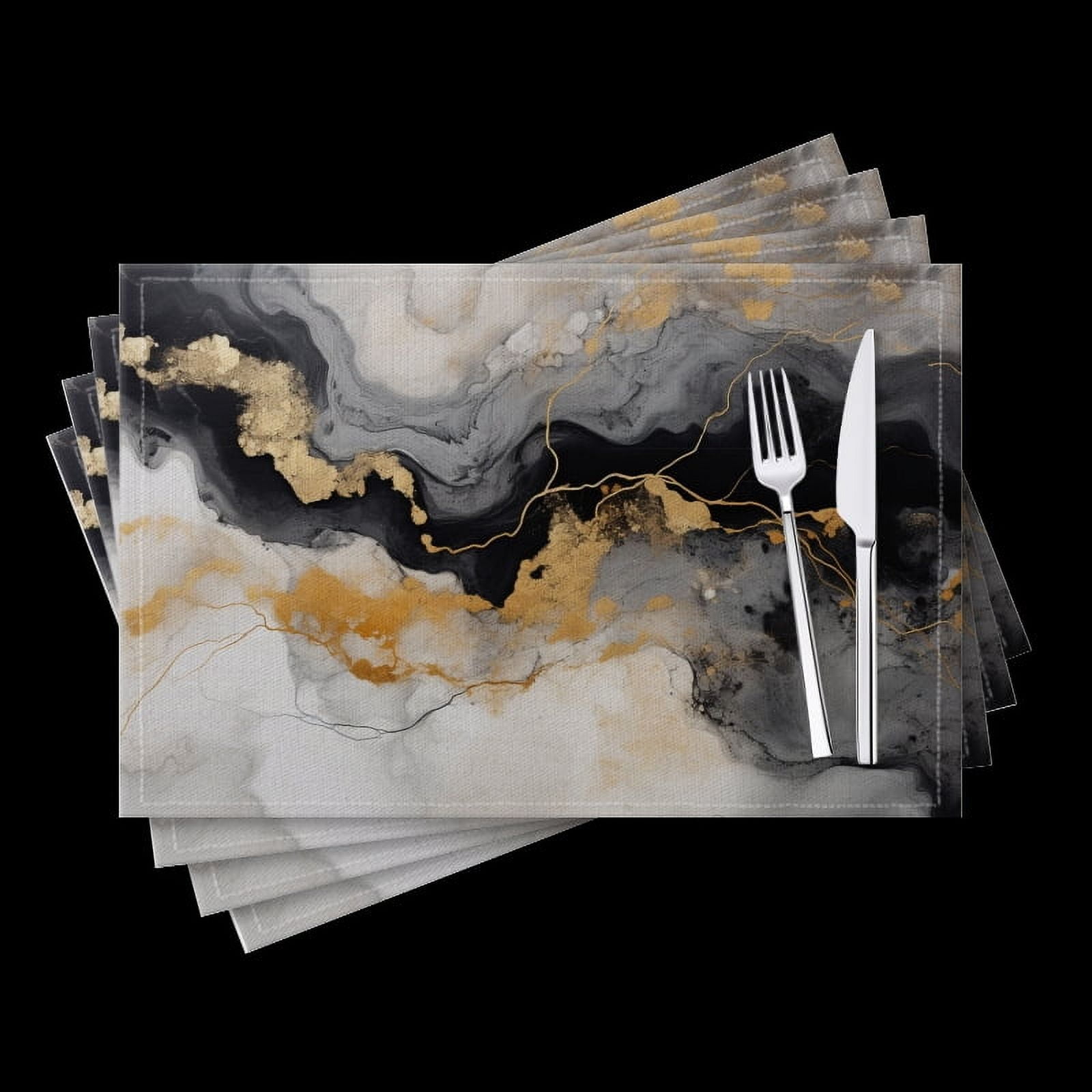 BaHomeck placemats Set of 4 Abstract Black And White Marble With Golden Lines Cotton Linen ...