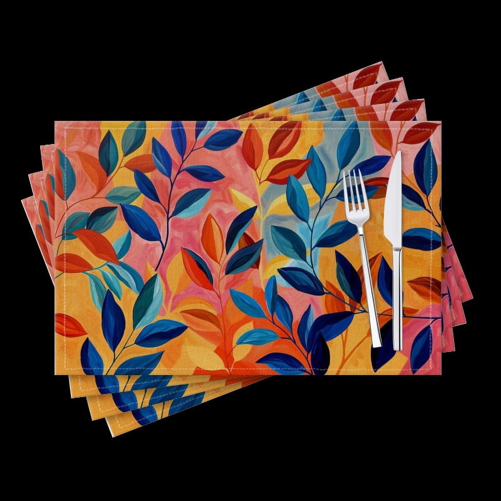 BaHomeck placemats Set of 4 Abstract Leaves In Orange And Pink On ...