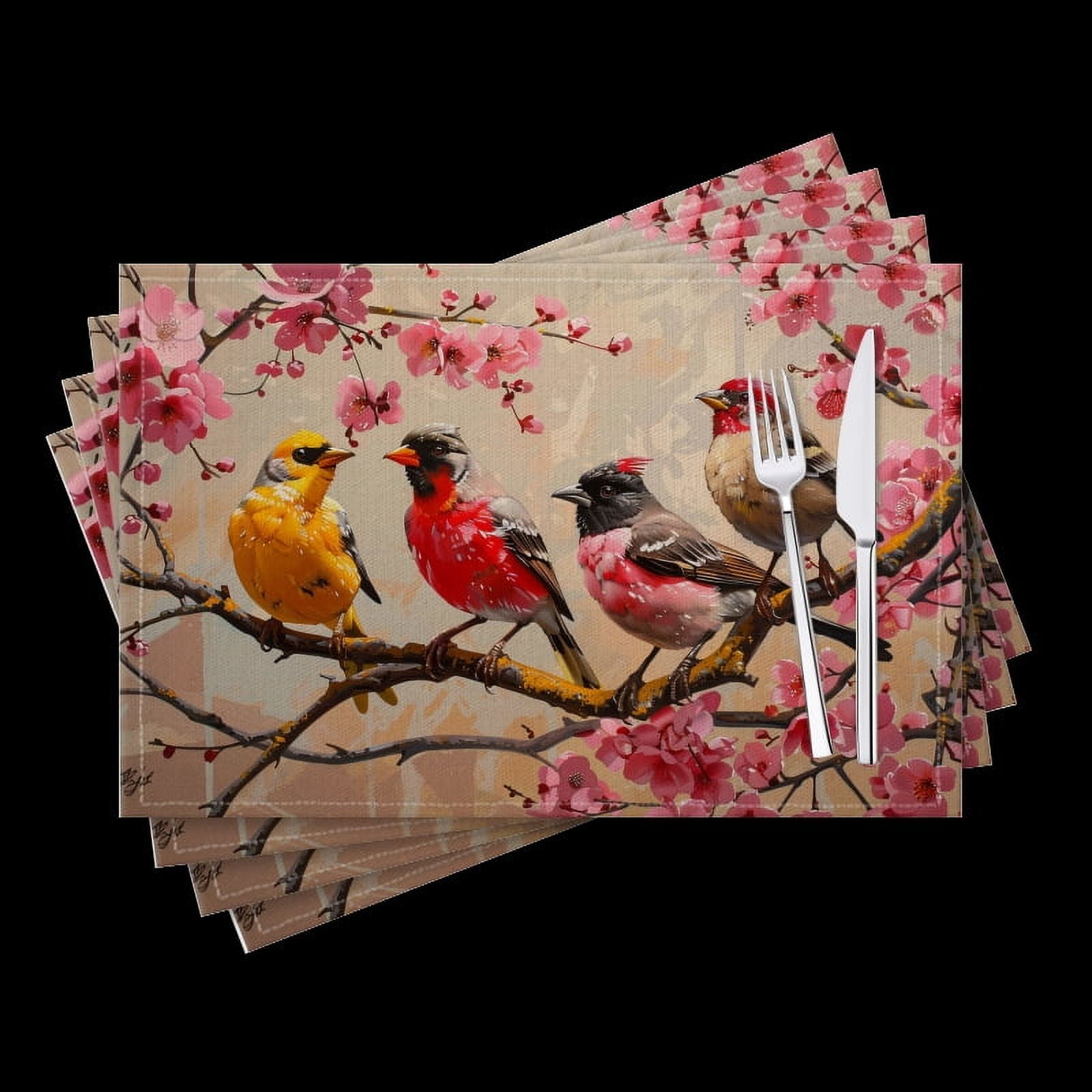 BaHomeck placemats Set of 4 Birds Sitting On Cherry Blossom Tree Branch ...