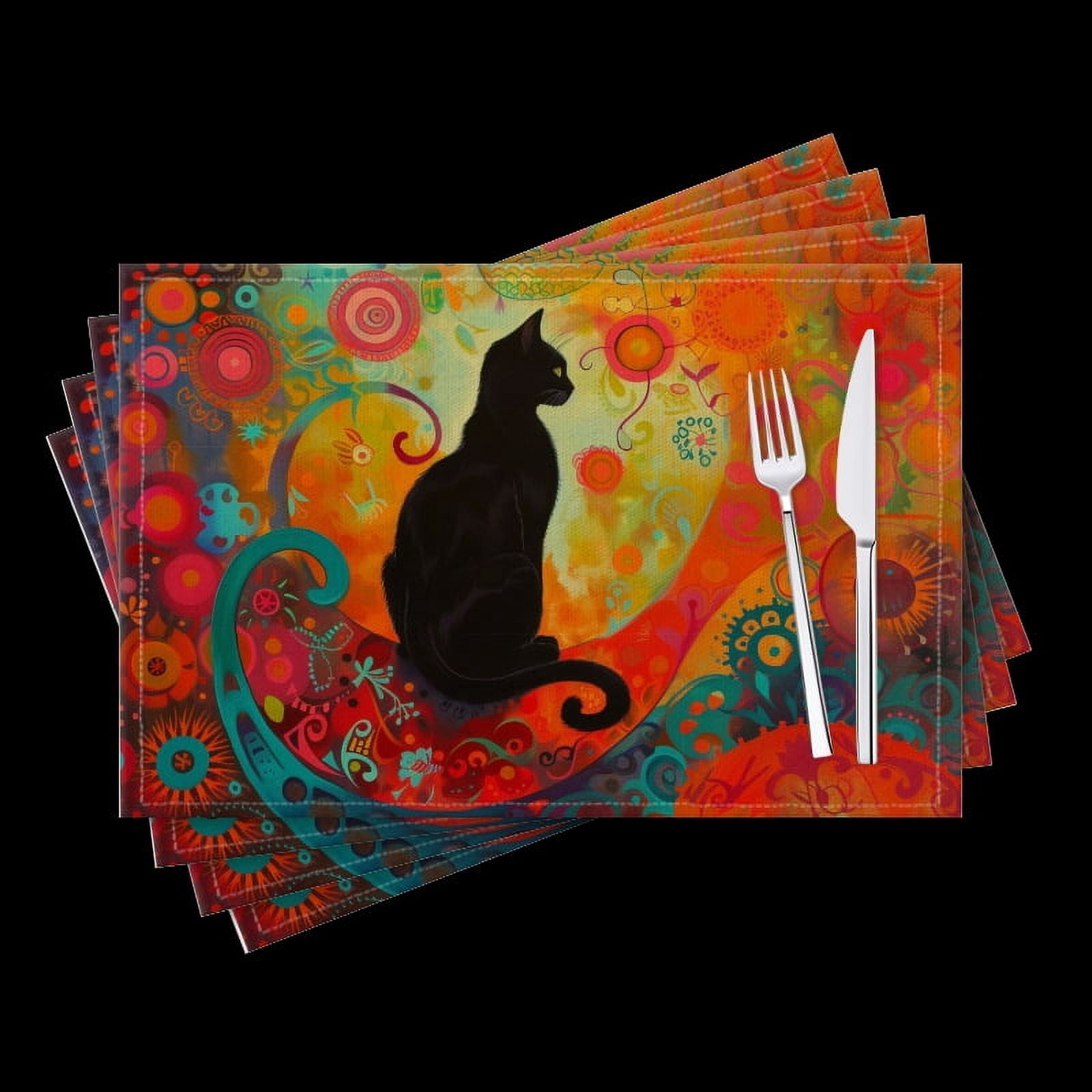 BaHomeck placemats Set of 4 Black Cat Sits On Abstract Background With ...