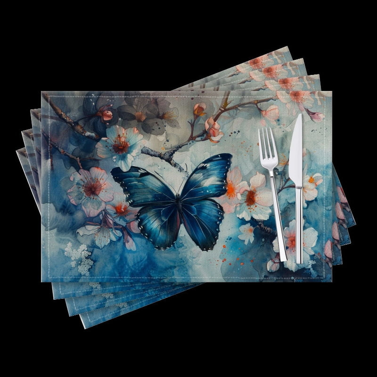 BaHomeck placemats Set of 4 Blue Butterfly Flits Among The White Cherry ...