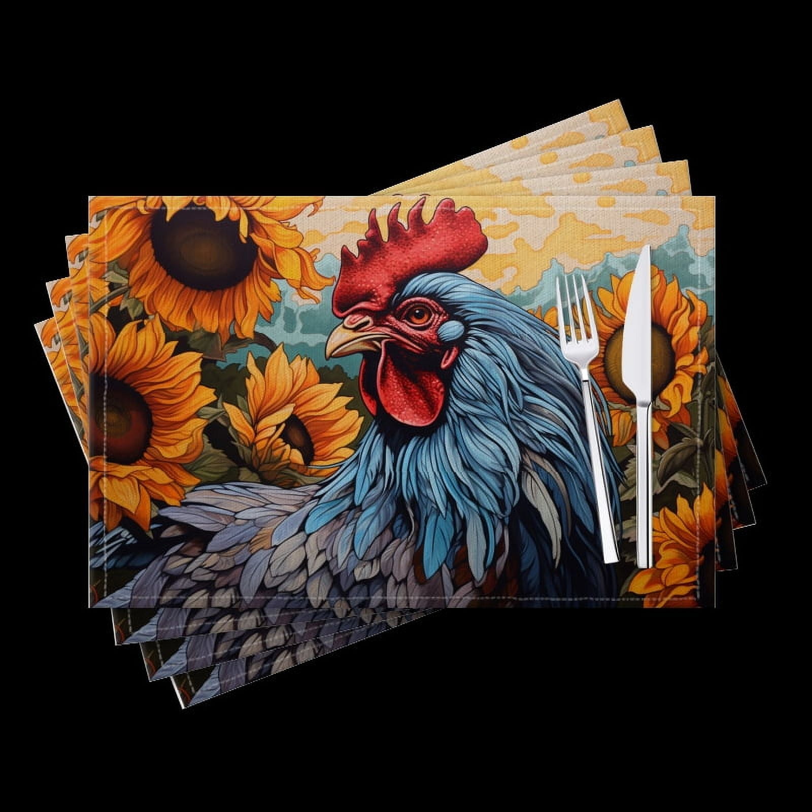 BaHomeck placemats Set of 4 Blue Rooster In The Midst Of Sunflowers ...