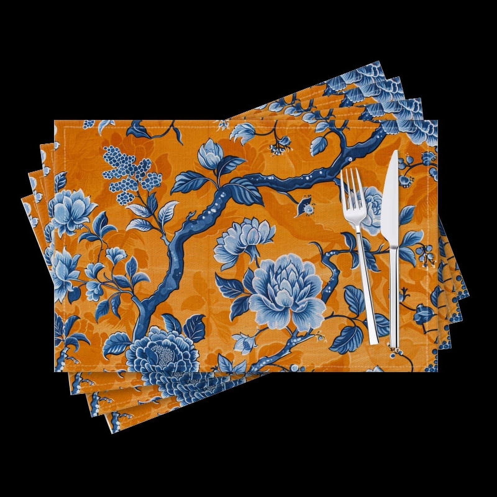 BaHomeck placemats Set of 4 Blue And White Pattern With Orange ...