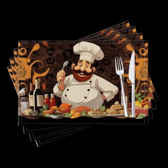 BaHomeck placemats Set of 4 Cartoon Chef Holds Up Spoon While Standing ...