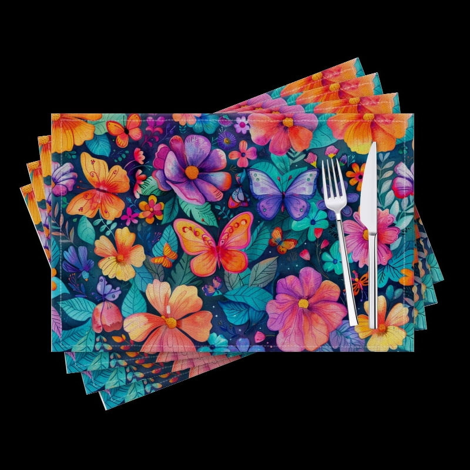 BaHomeck placemats Set of 4 Colorful Butterflies And Flowers On Dark ...