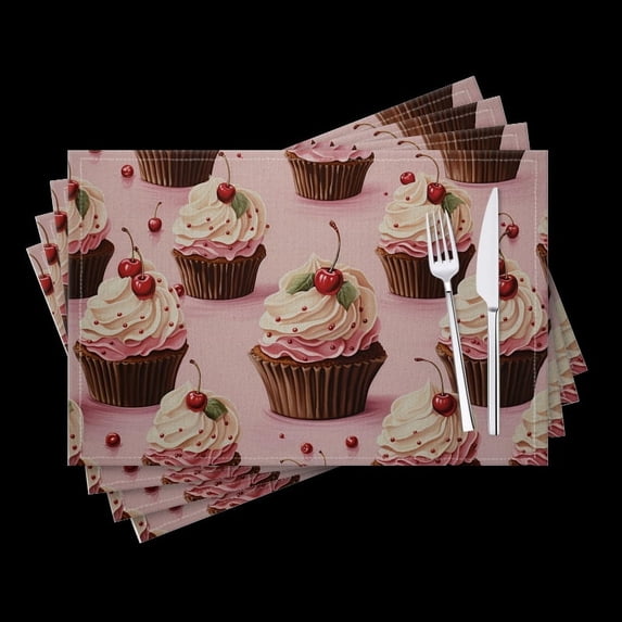 BaHomeck placemats Set of 4 Cupcakes With Cream And Cherries On Pink ...